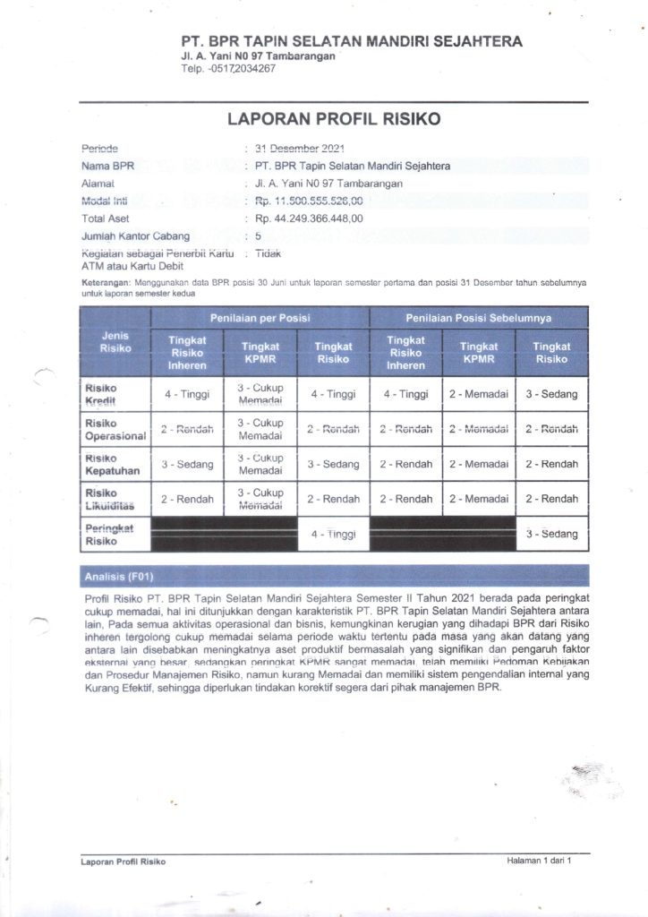 Laporan Profil Risiko – Bank Tapin