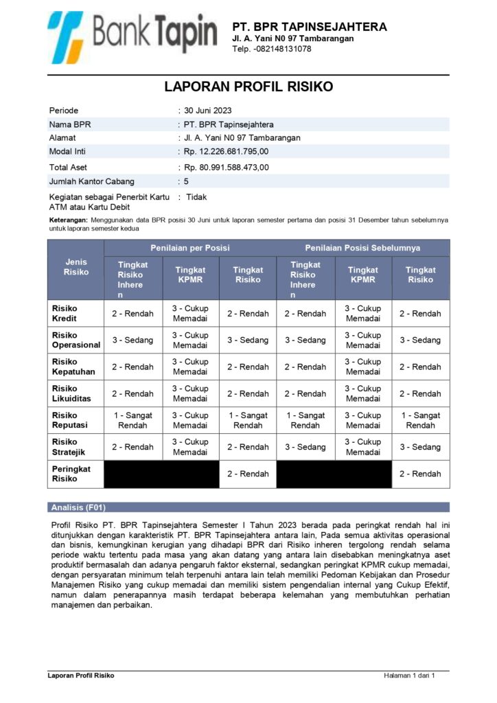 Laporan Profil Risiko – Bank Tapin